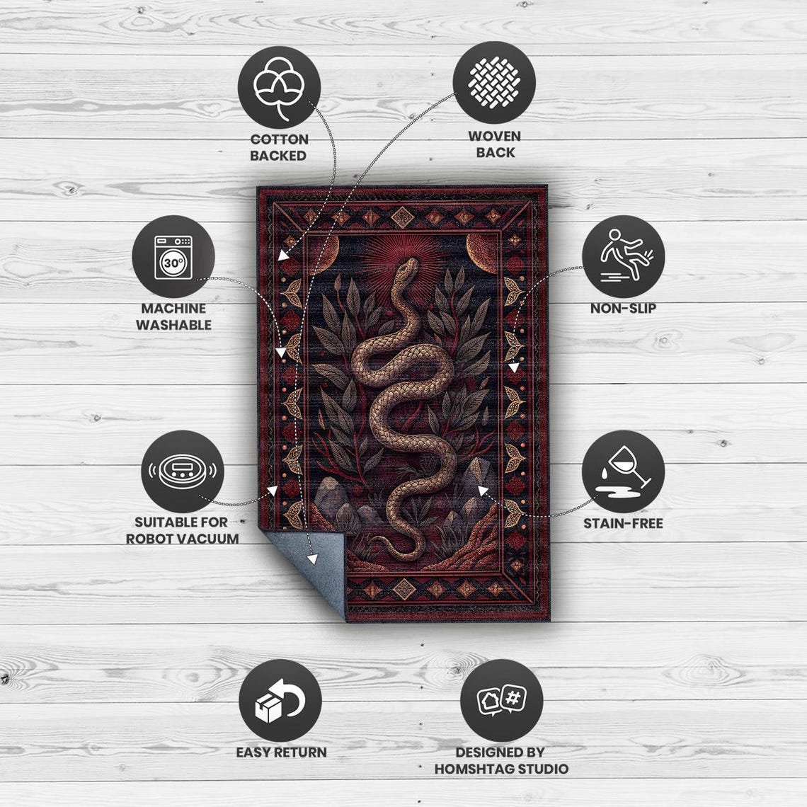 Mystical Snake Area Rug, Dark Academia Witchy Decor, Machine Washable ...