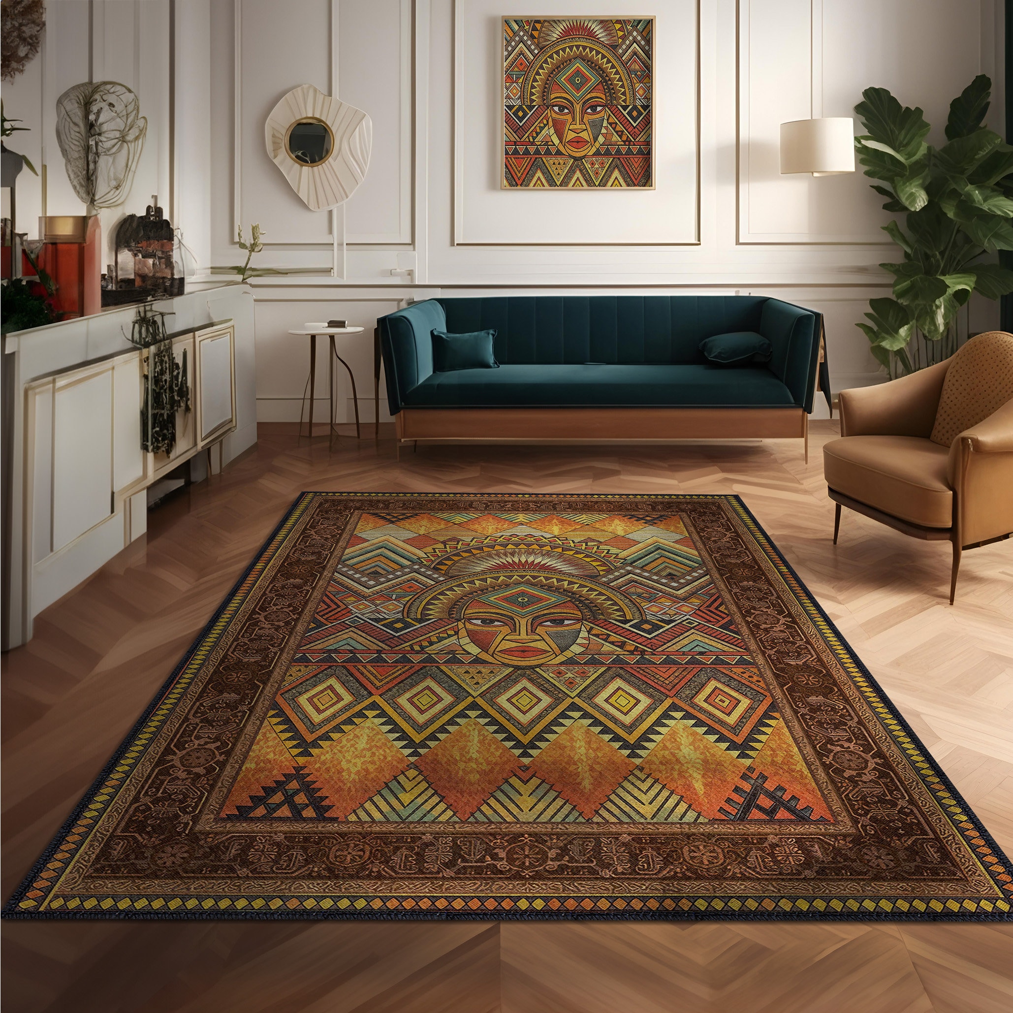 African Mask Rug, Abstract Rug for African Interior Decor, Ethnic ...