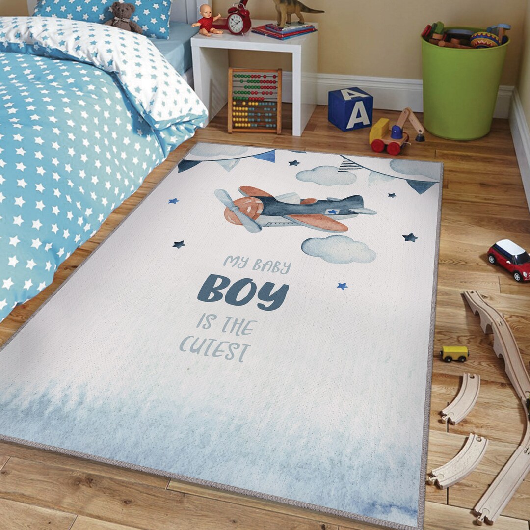 Nursery Rug Boy, Blue Rug for Baby Room, Non-slip Nursery Rug, Washable ...