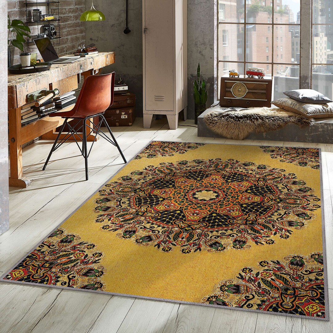 Hippie Room Decor Mandala Rug, Yellow Ethnic Boho Rug, Indian Home ...