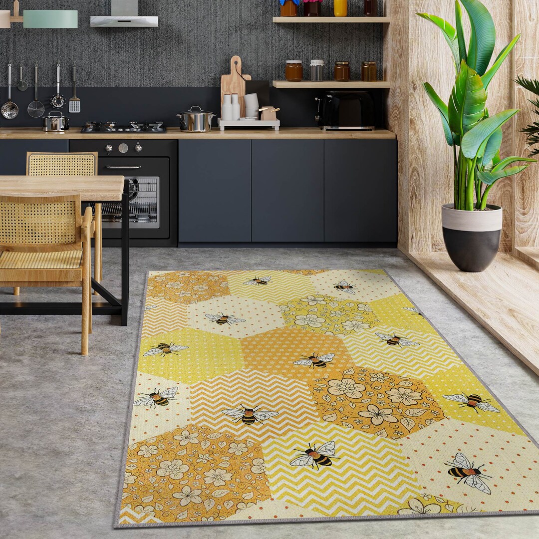 Bee Rug for Bee Themed Kitchen Decor, Honeycomb Tones Bee Pattern Rug ...