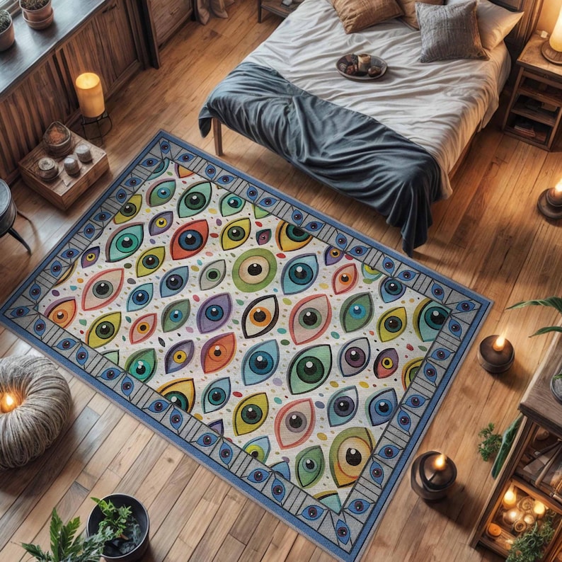 Colorful Evil Eye Area Rug, Eclectic Maximalist Decor, Machine Washable ...