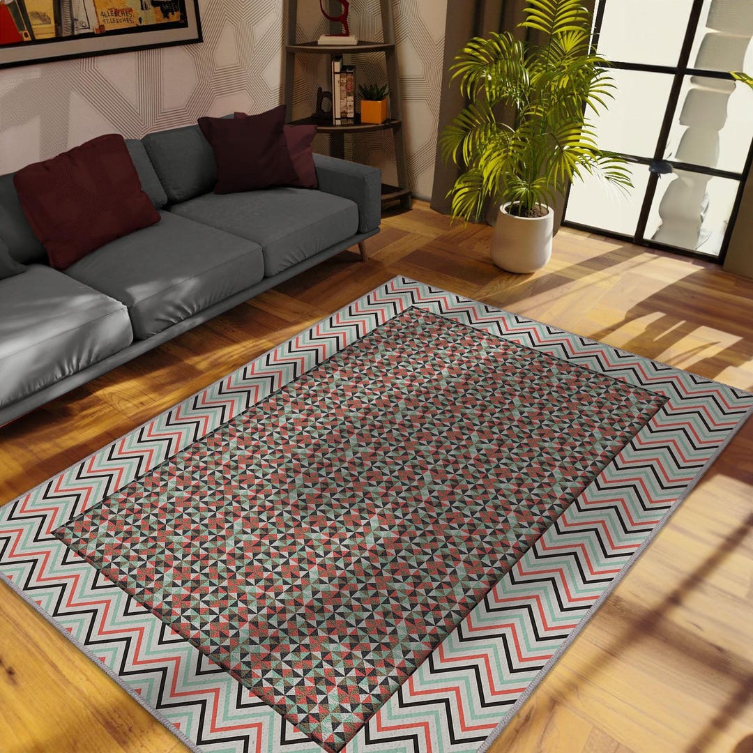 Chevron Border Rug for Aesthetic Room Decor, Geometric Abstract Rug for ...