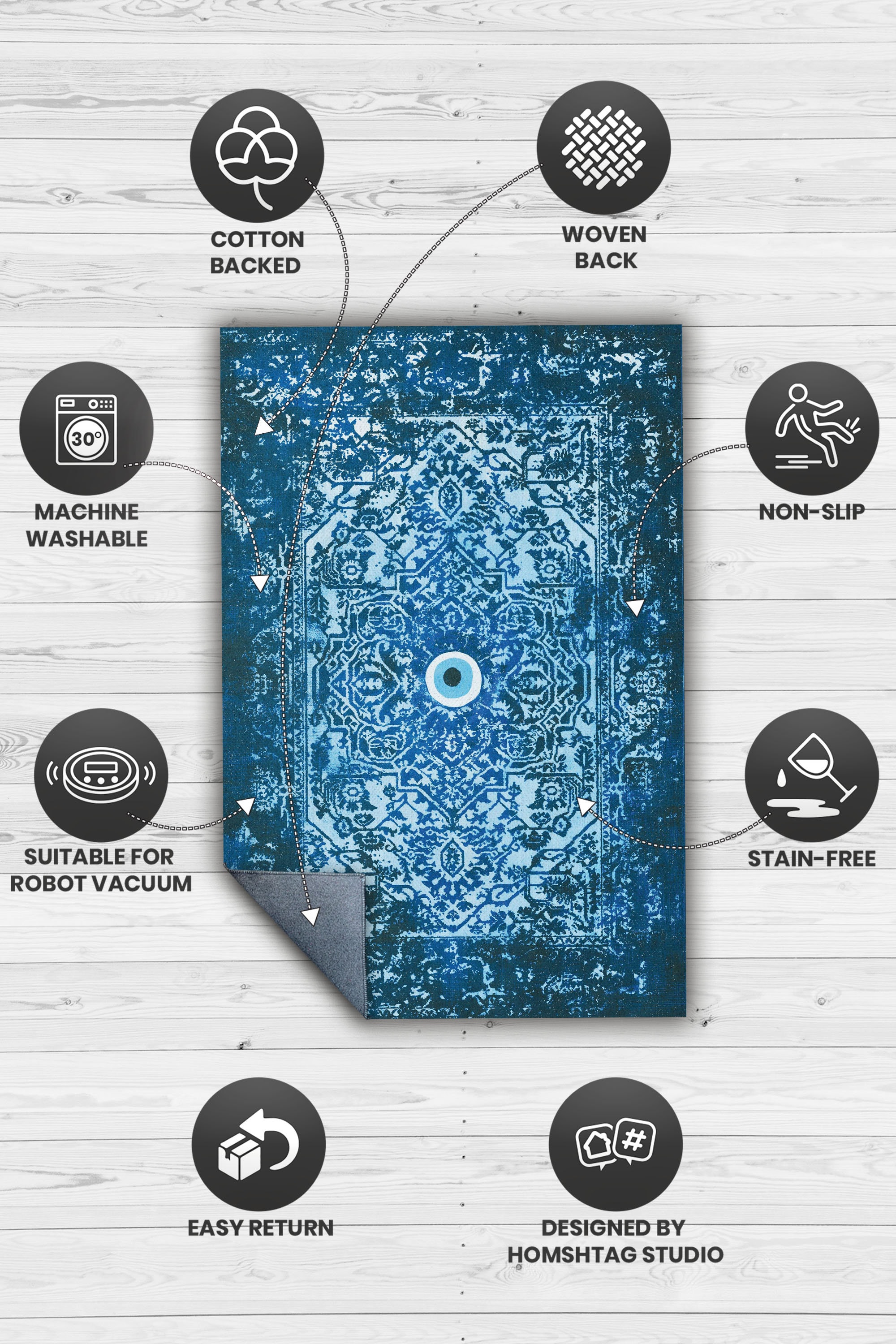 Aesthetic Blue Rug for Ethnic Room Decor, Evil Eye Decor Rug, Good Luck ...
