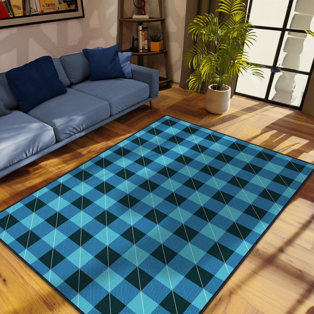Black and Blue Checkered Rug for Aesthetic Kitchen Decor, Blue Plaid ...