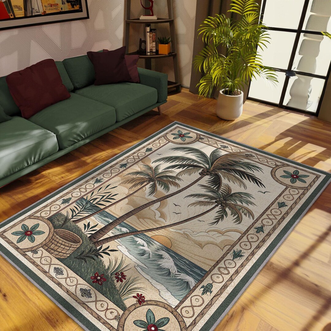 Tropical Sunset Palm Tree Rug: Beachy Coastal Decor - Etsy