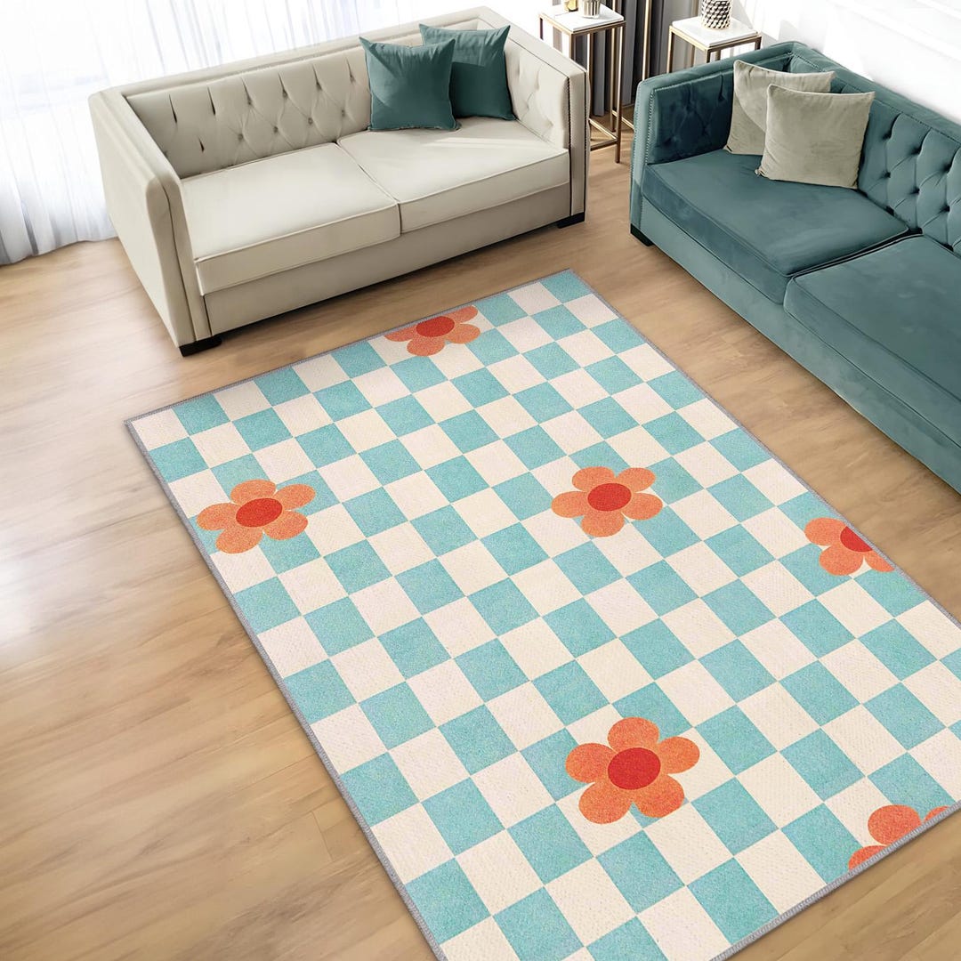 Cute Rug for Living Room, Checkered Floral Rug, Rug for Pastel Bedroom ...
