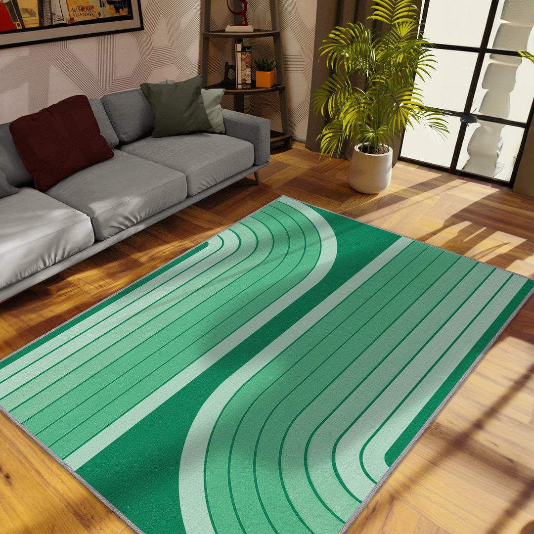 Green Lines Boho Abstract Rug, Mid Century Green Living Room Decor ...