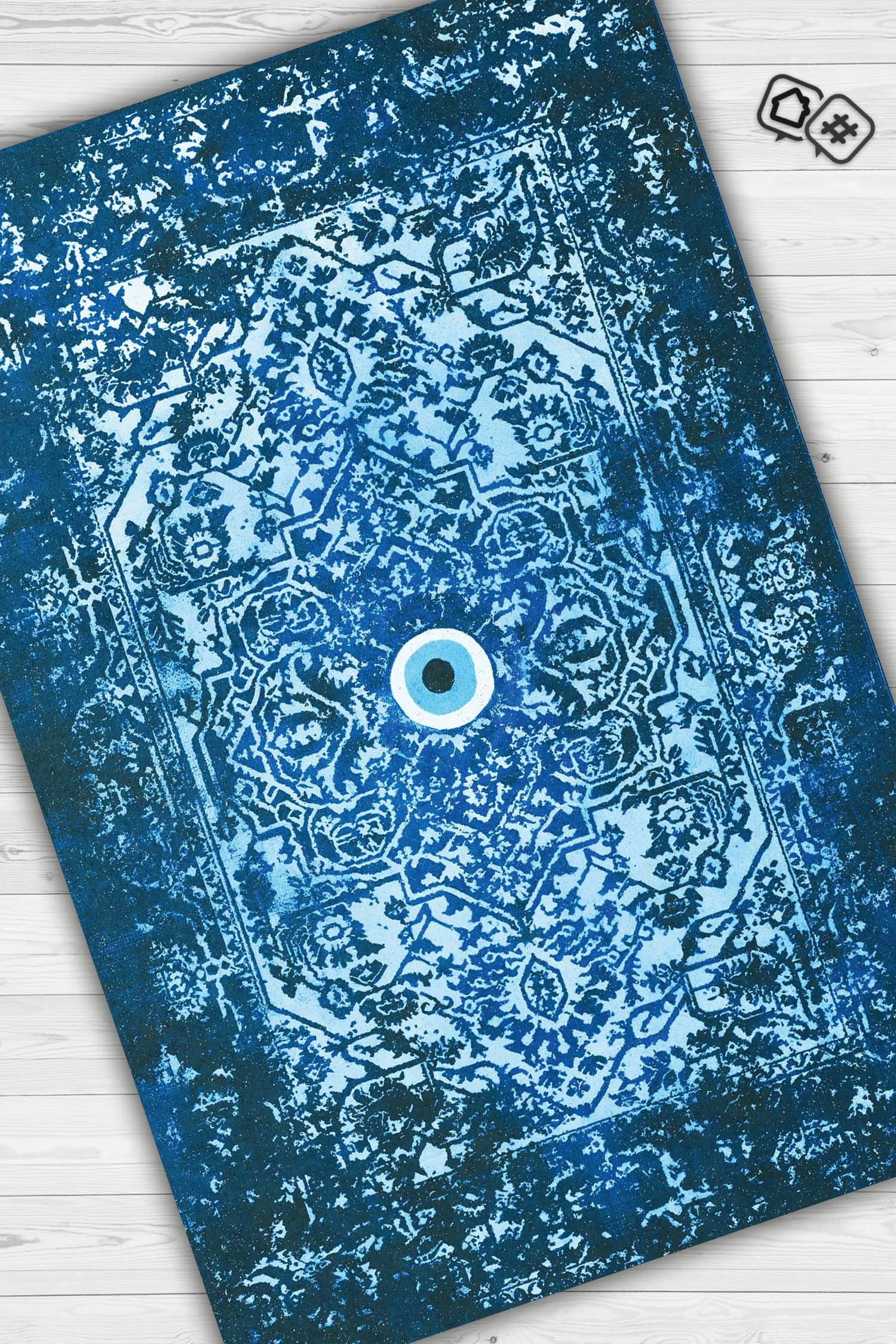 Aesthetic Blue Rug for Ethnic Room Decor, Evil Eye Decor Rug, Good Luck ...
