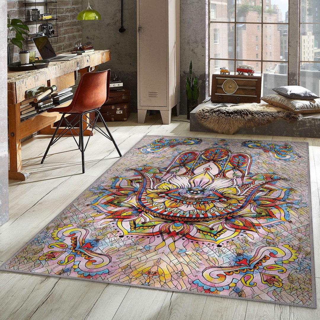 Hamsa Rug for Colorful Ethnic Room Decor, Hamsa Hand Rug for Boho Home ...