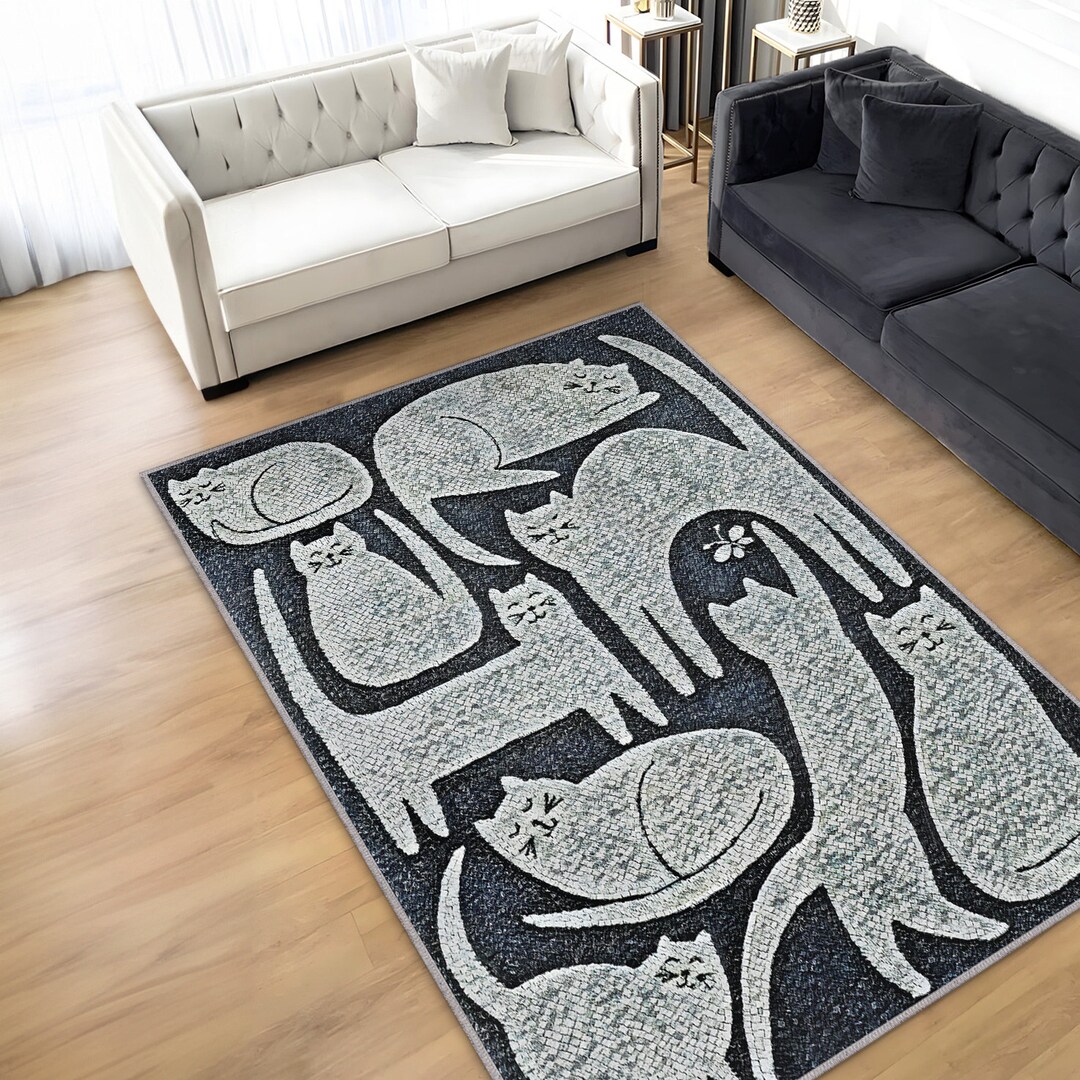 Gray Cat Rug for Cute Home Decor, Boho Living Room Rug, Housewarming ...