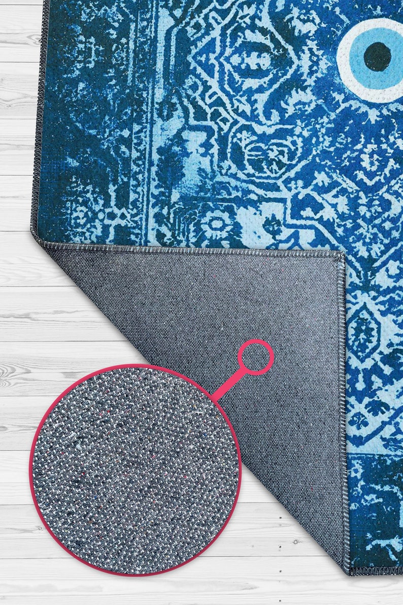 Aesthetic Blue Rug for Ethnic Room Decor, Evil Eye Decor Rug, Good Luck ...