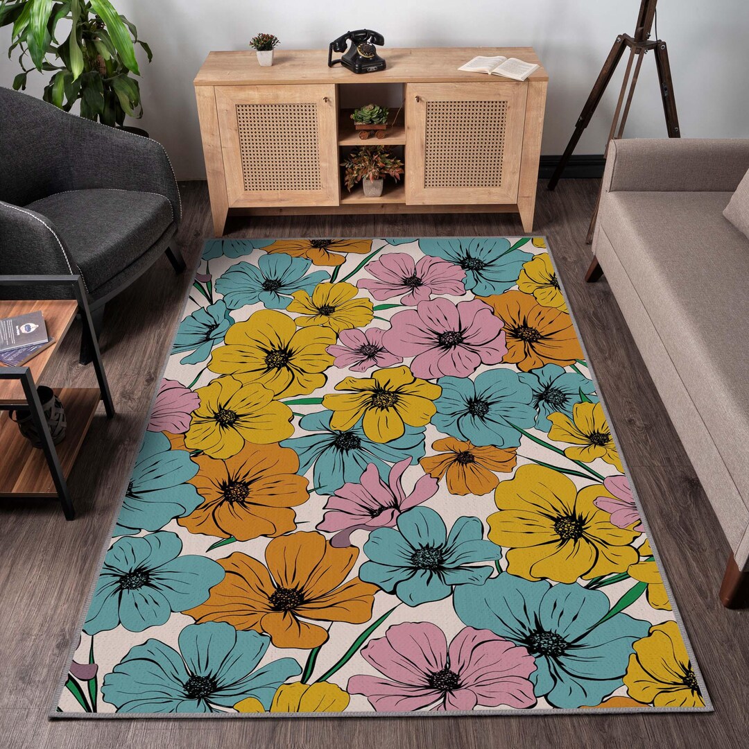 Colorful Floral Rug for Aesthetic Room Decor, Bohemian Flower Rug for ...