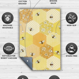 Honeycomb Bee Rug: Playful Yellow Floral Decor, Cotton Woven - Etsy