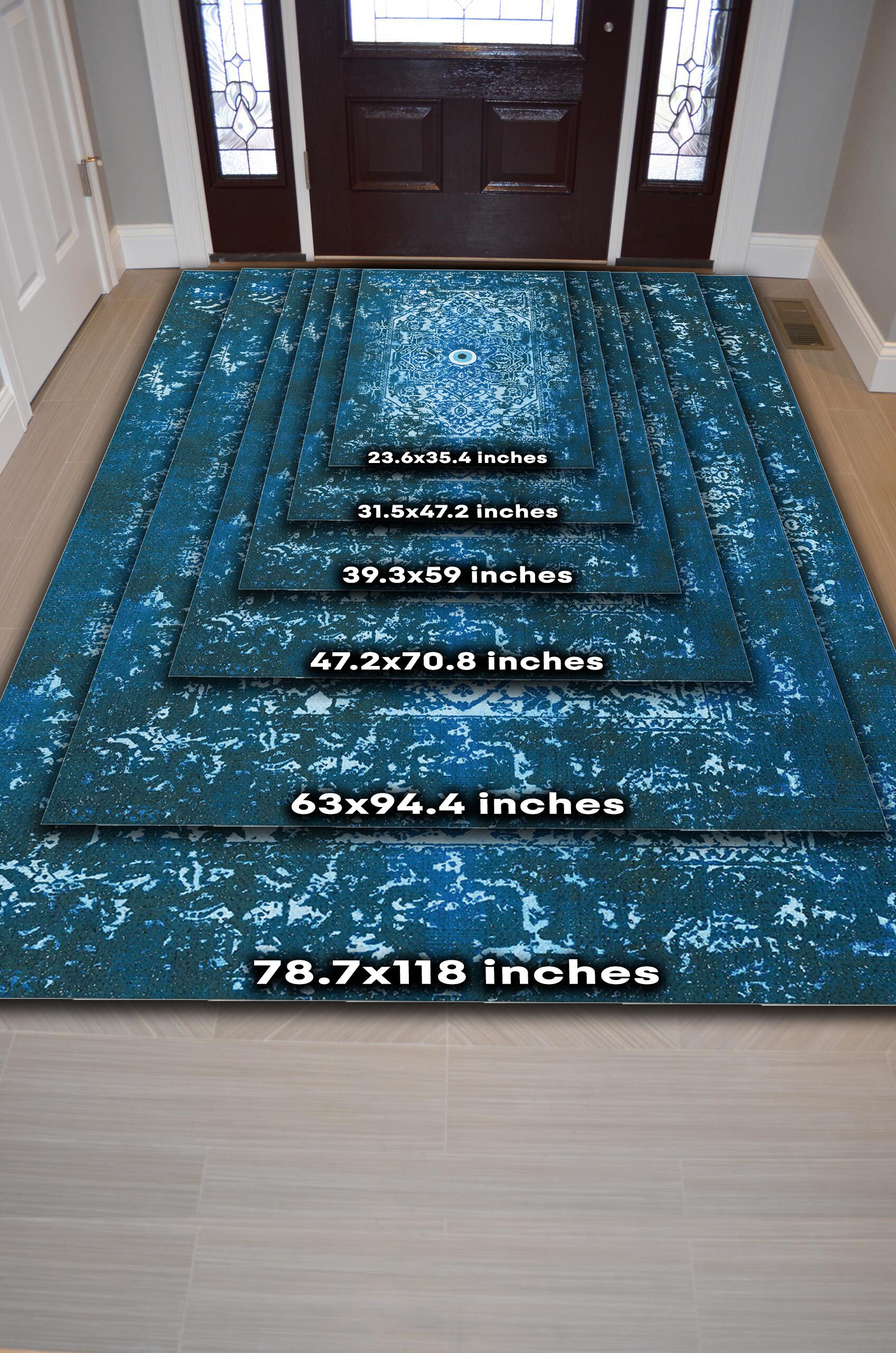 Aesthetic Blue Rug for Ethnic Room Decor, Evil Eye Decor Rug, Good Luck ...