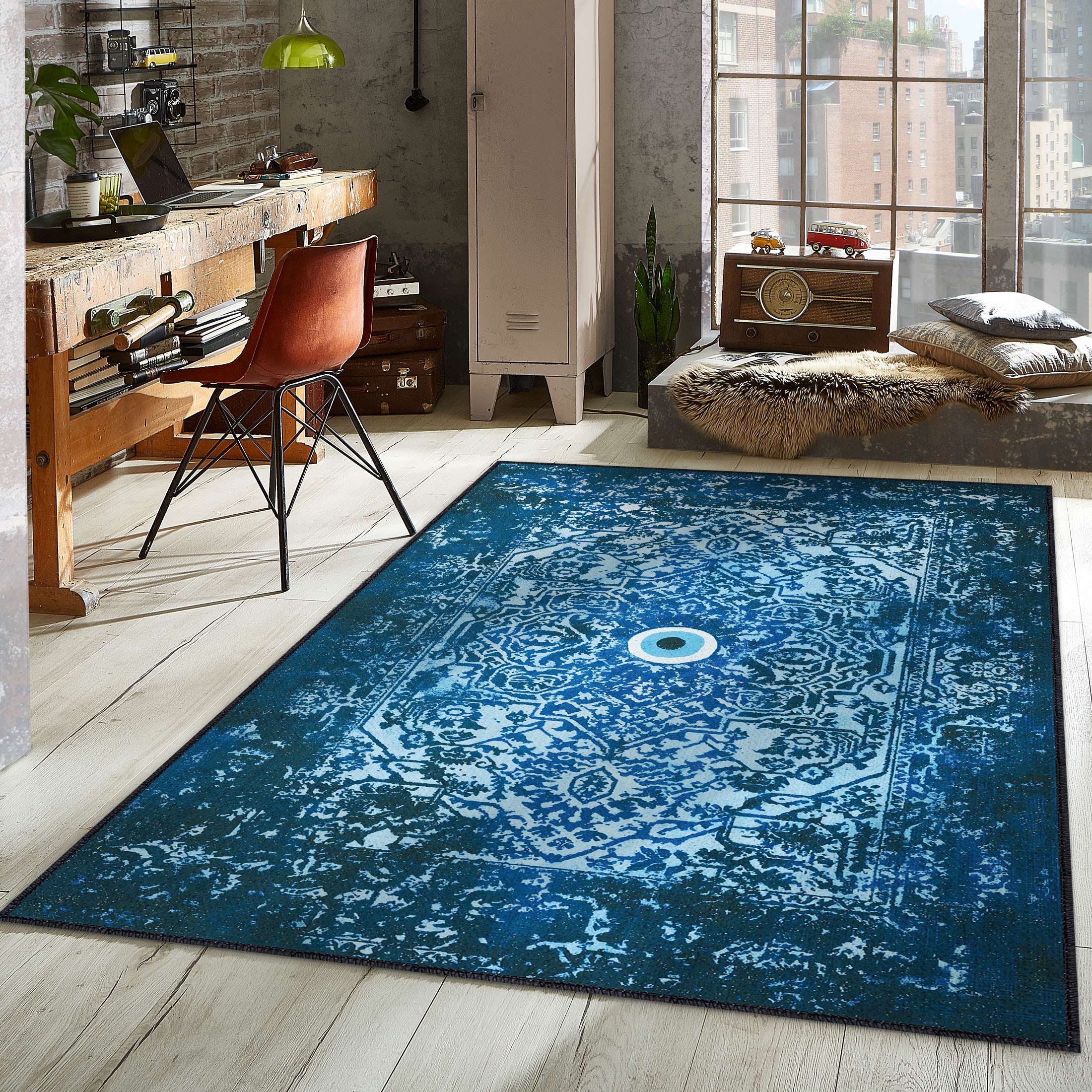 Aesthetic Blue Rug for Ethnic Room Decor, Evil Eye Decor Rug, Good Luck ...