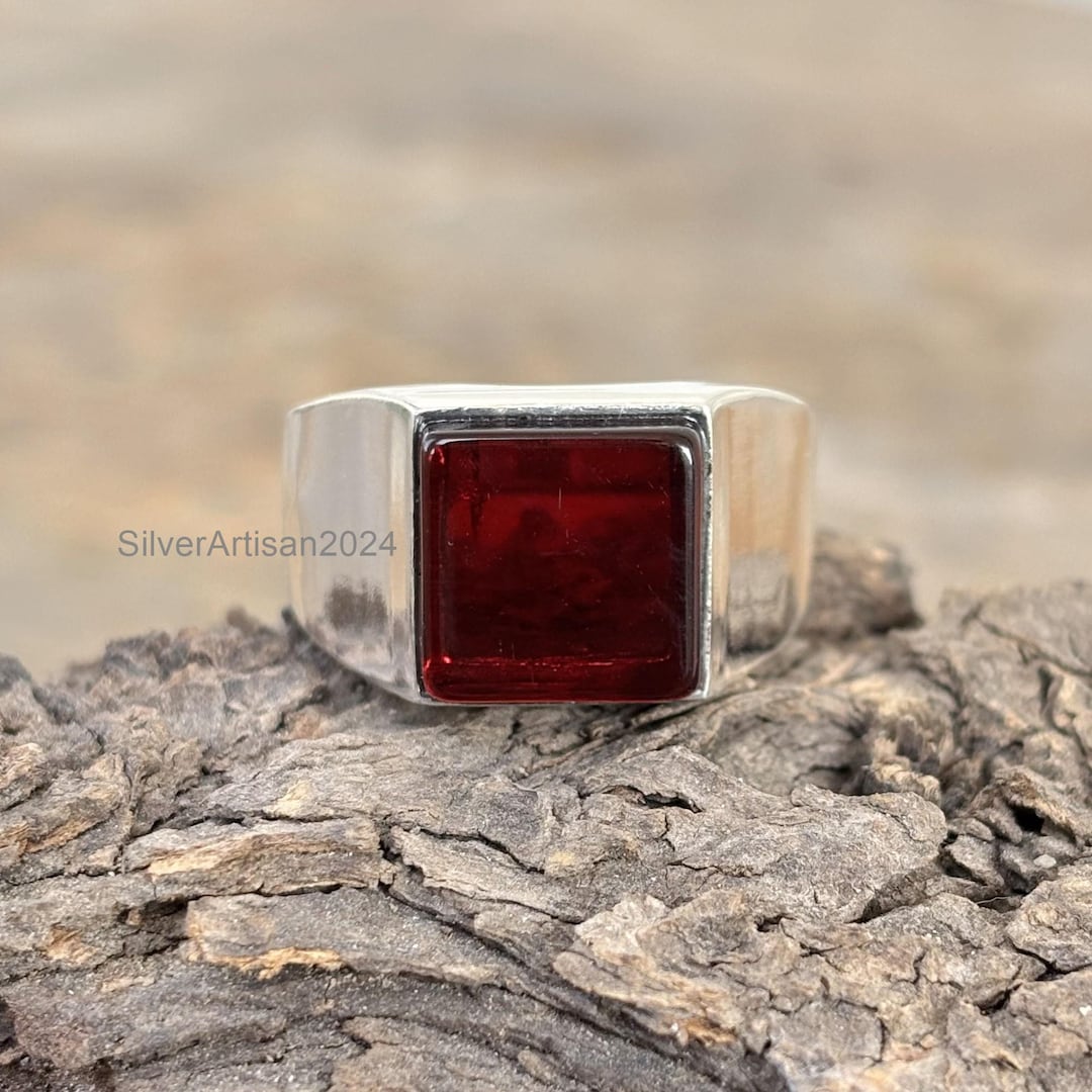 Garnet Signet Ring Sterling Silver, Matte Signet Ring, Square Matte ...