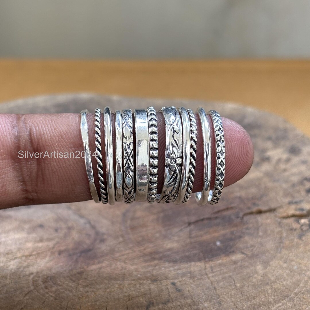 Sterling Silver Stacking Rings Set: Assorted Patterns, Thin & Thick - Etsy