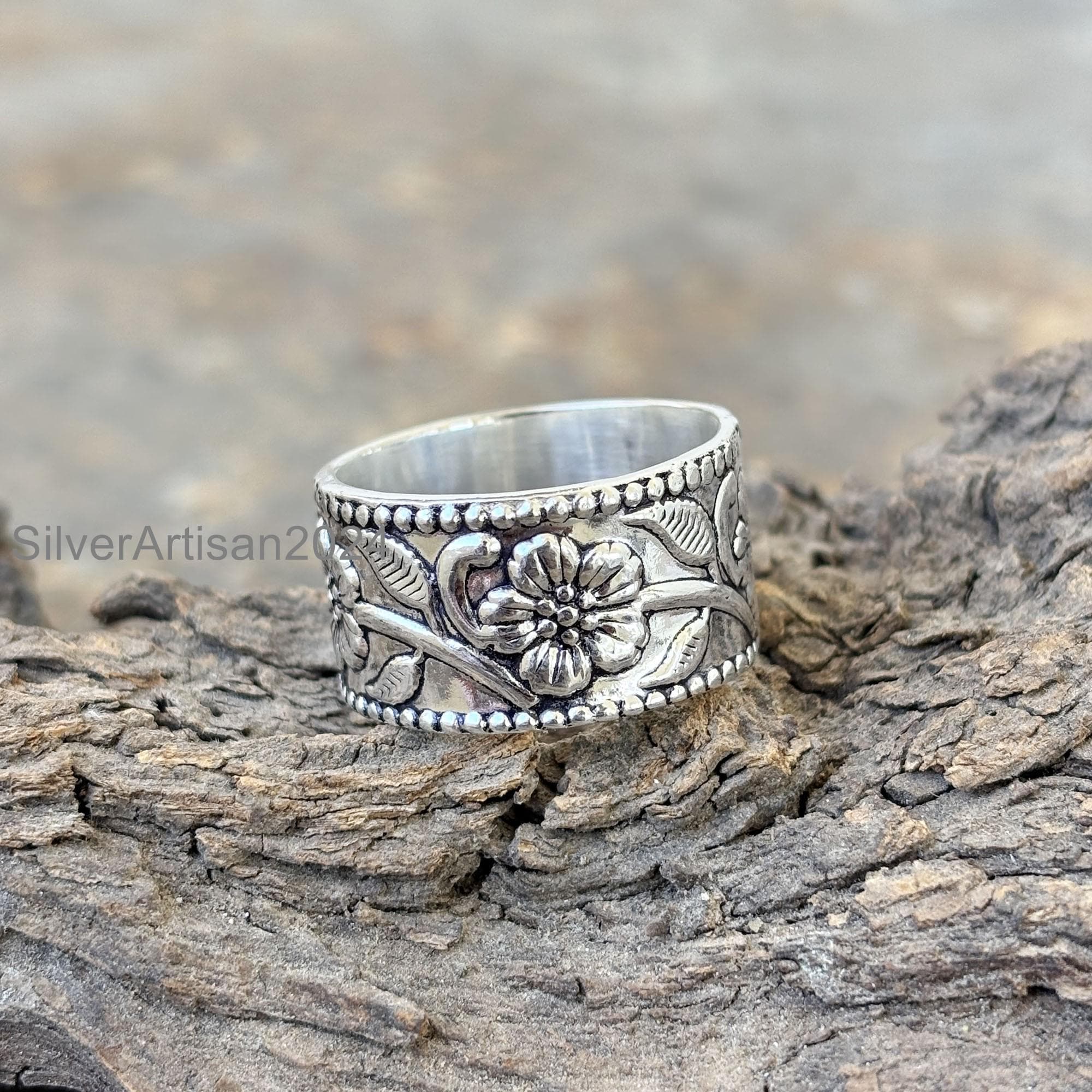 Solid Sterling Silver Flower Ring, Wide Band, Thumb Ring - Etsy