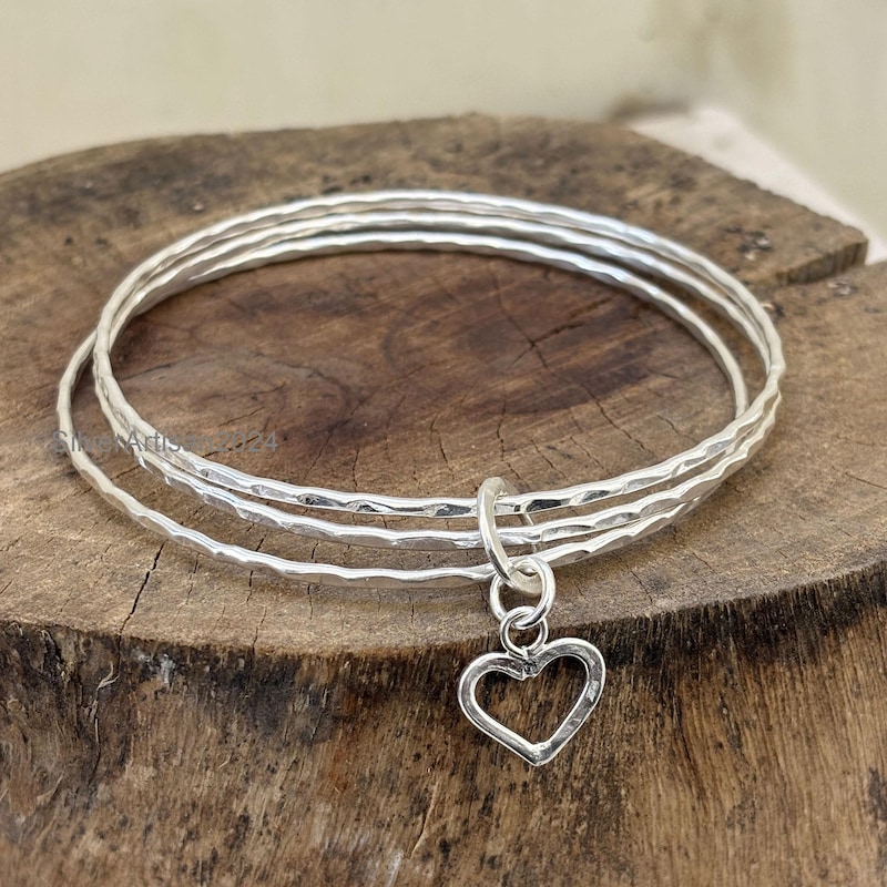 Solid Silver Bangle With Heart - Etsy UK