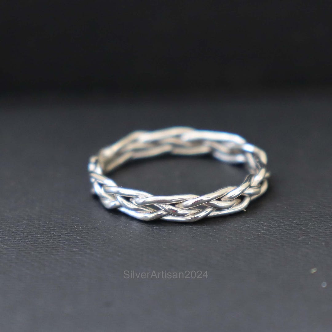 Sterling Silver Braided Ring, Dainty Boho Stacking Band, Handmade Thumb ...