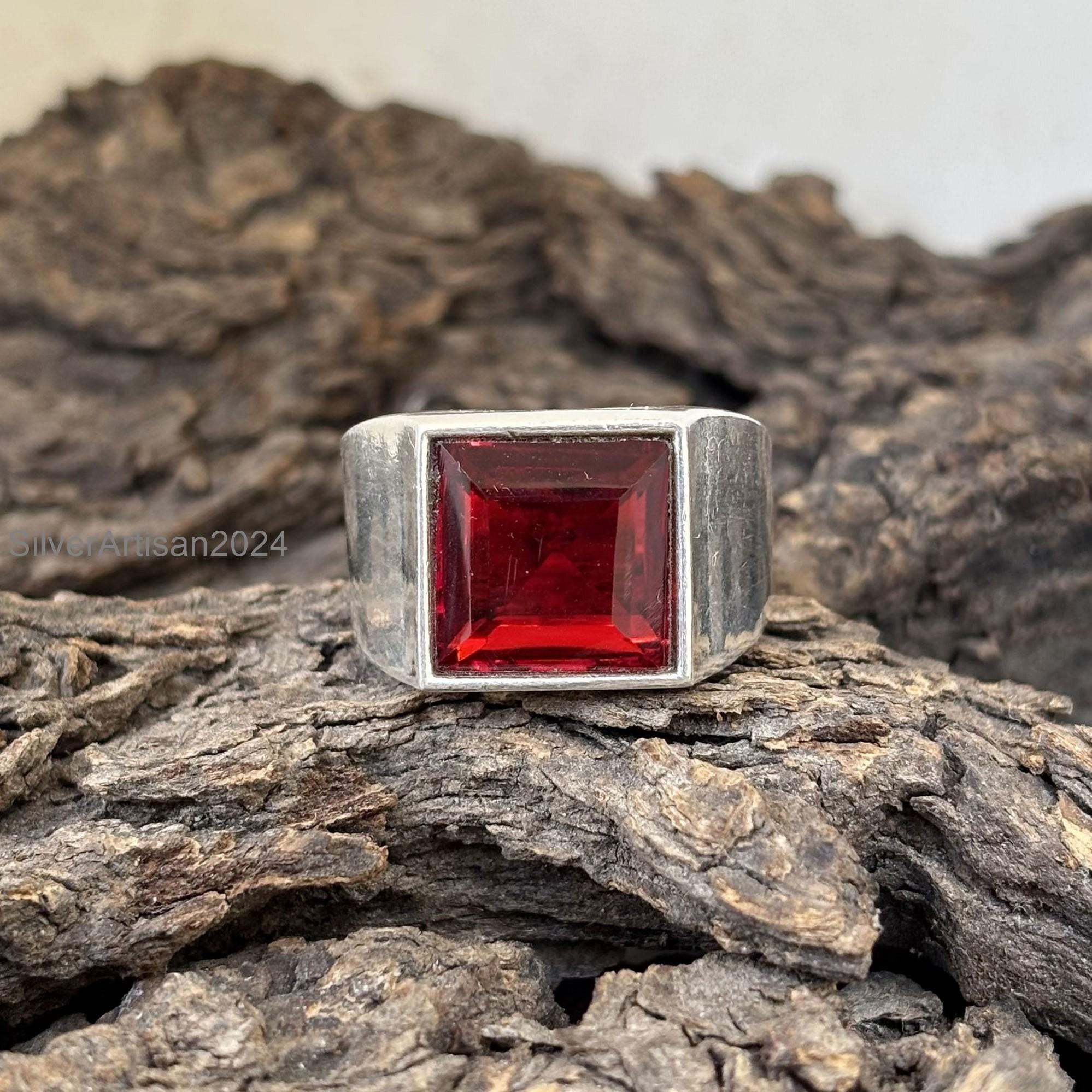 Silver red stone ring store