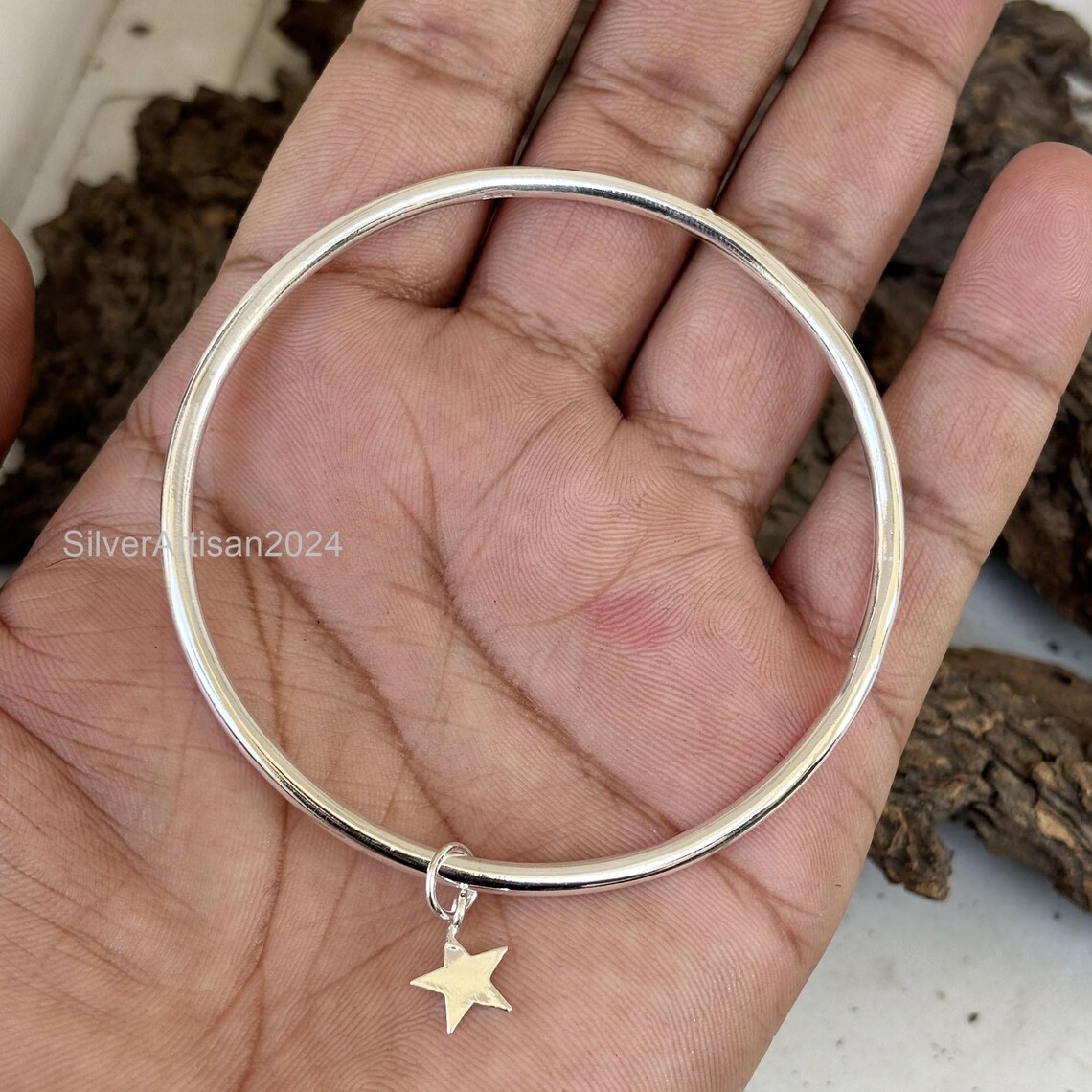 Sterling Silver Star Charm Bangle: Handmade Recycled Eco Silver - Etsy
