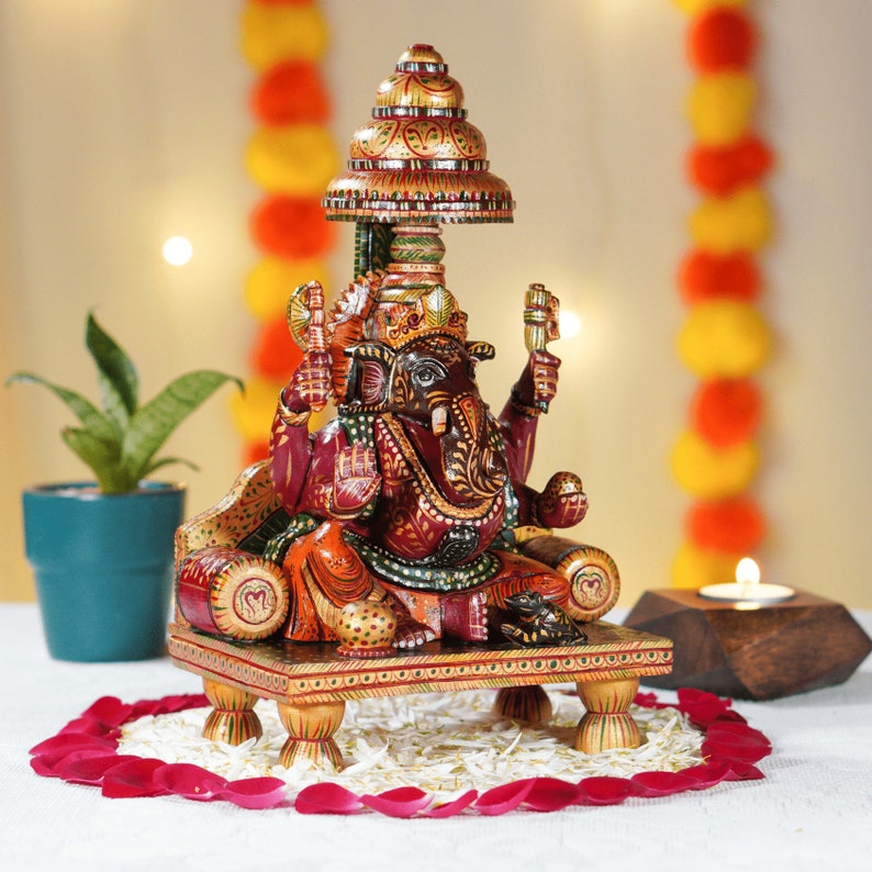 Wooden Hand-painted Lord Ganesha sitting Ganesh Statue hindu Elephant ...