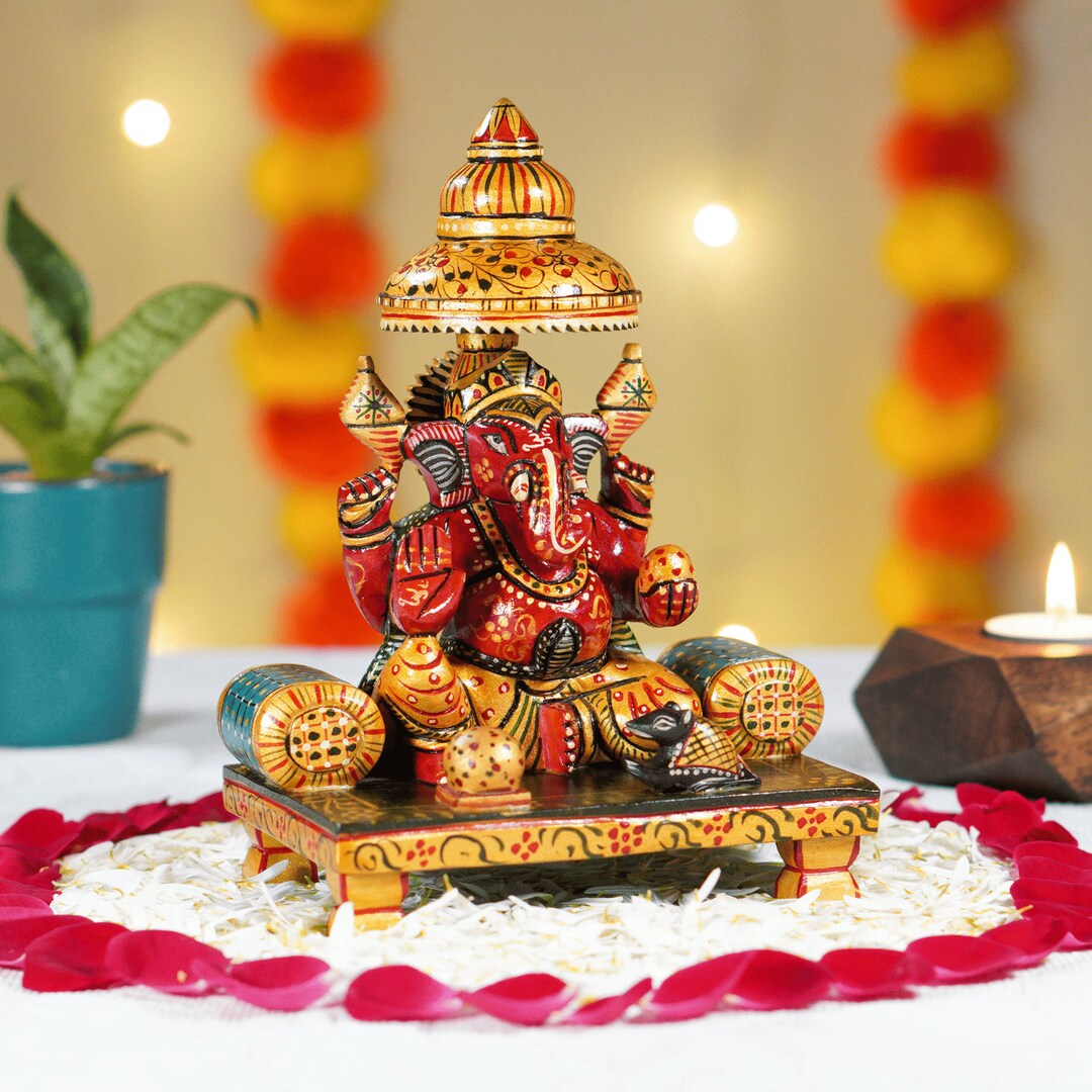 Wooden Hand-painted Lord Ganesha sitting Ganesh Statue hindu Elephant ...