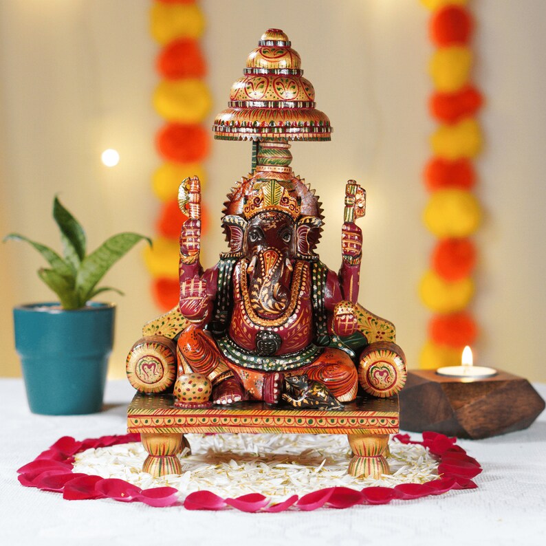 Wooden Hand-painted Lord Ganesha sitting Ganesh Statue hindu Elephant ...