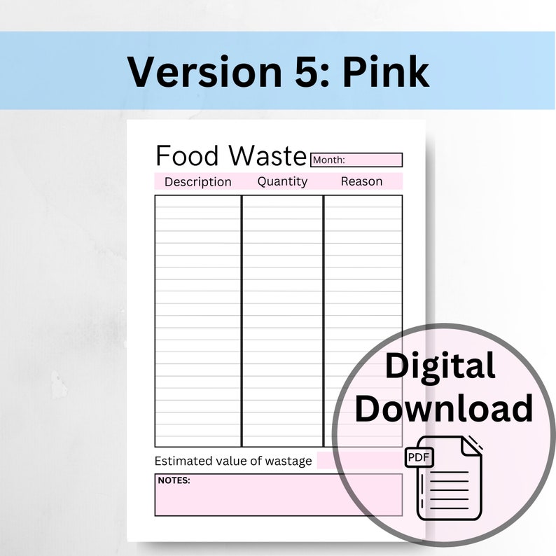 Food Waste Record Template, Save Money, Instant Download, 5 Colour ...