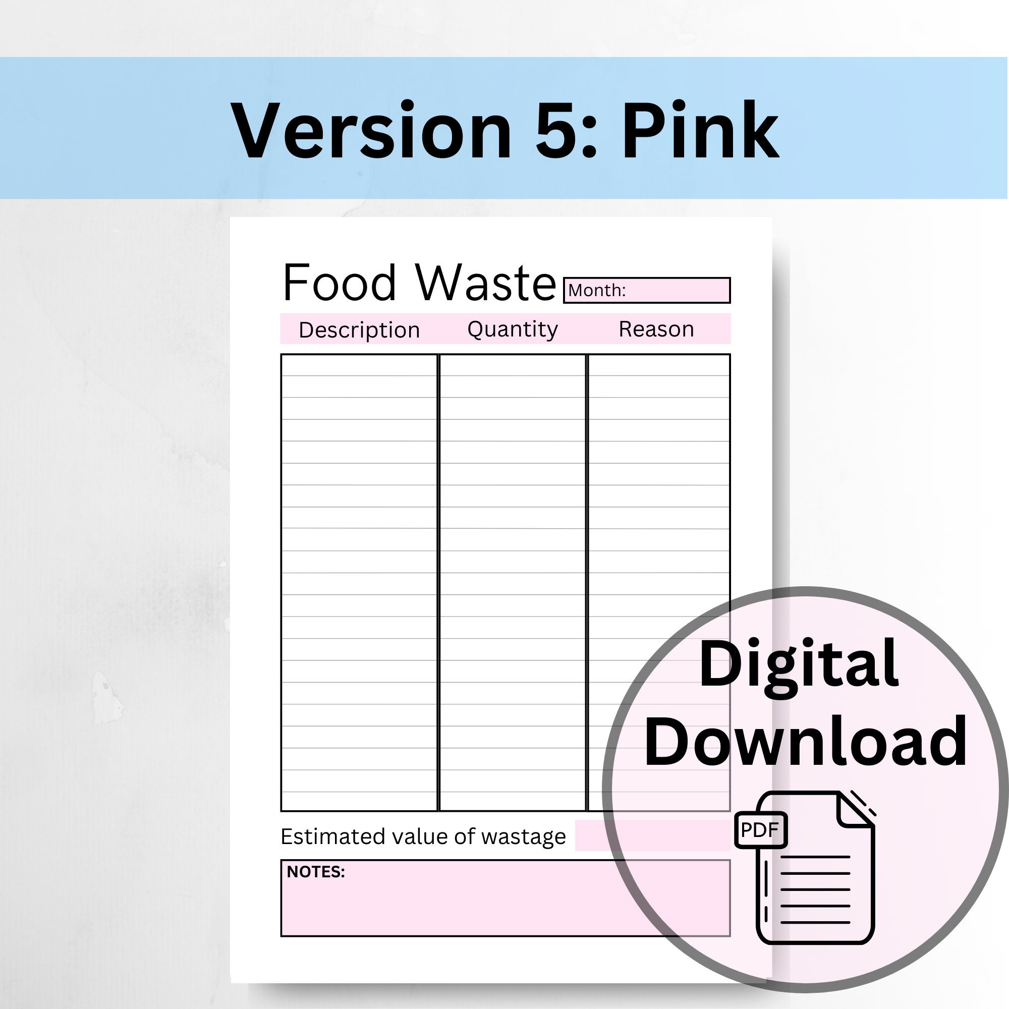 Food Waste Record Template, Save Money, Instant Download, 5 Colour ...