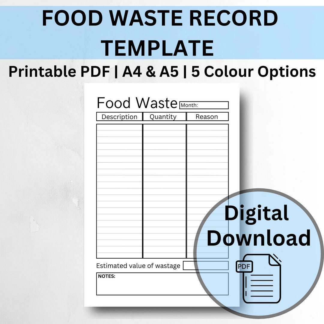 Food Waste Record Template, Save Money, Instant Download, 5 Colour ...