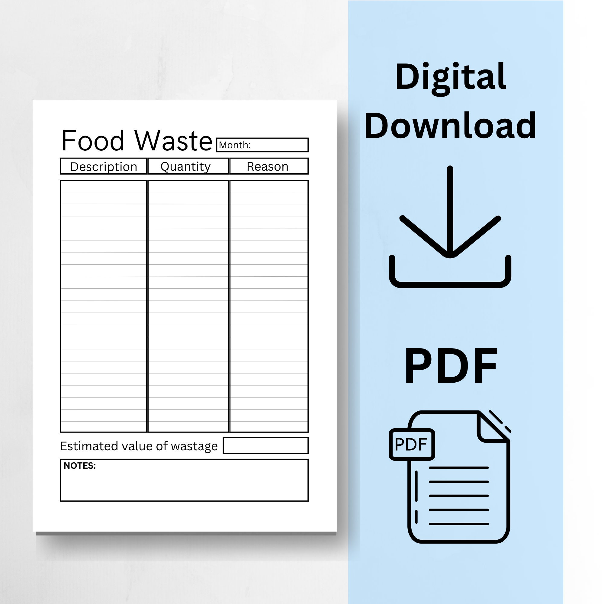 Food Waste Record Template, Save Money, Instant Download, 5 Colour ...