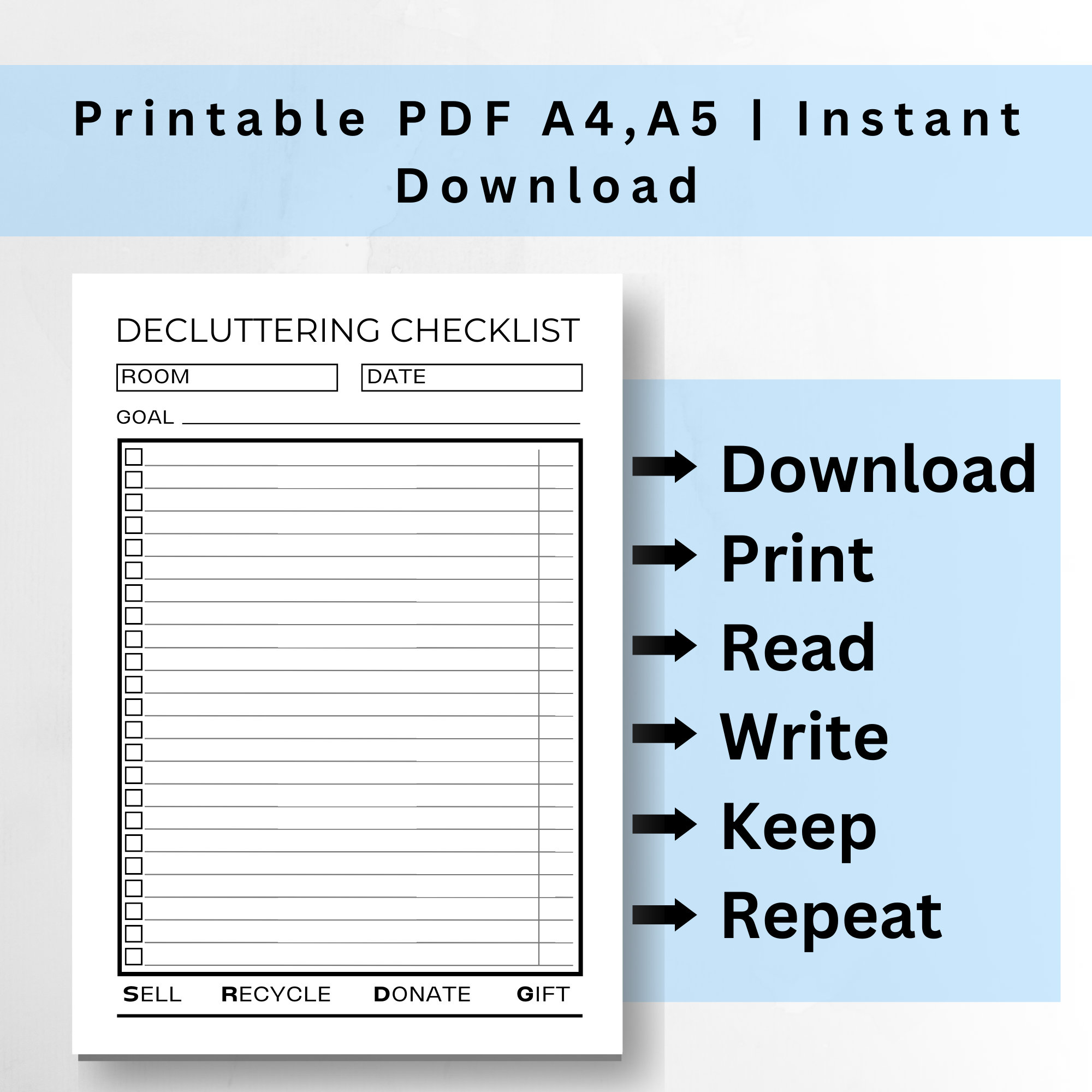 Decluttering Checklist, Template, Instant Download, 5 Colour Options ...