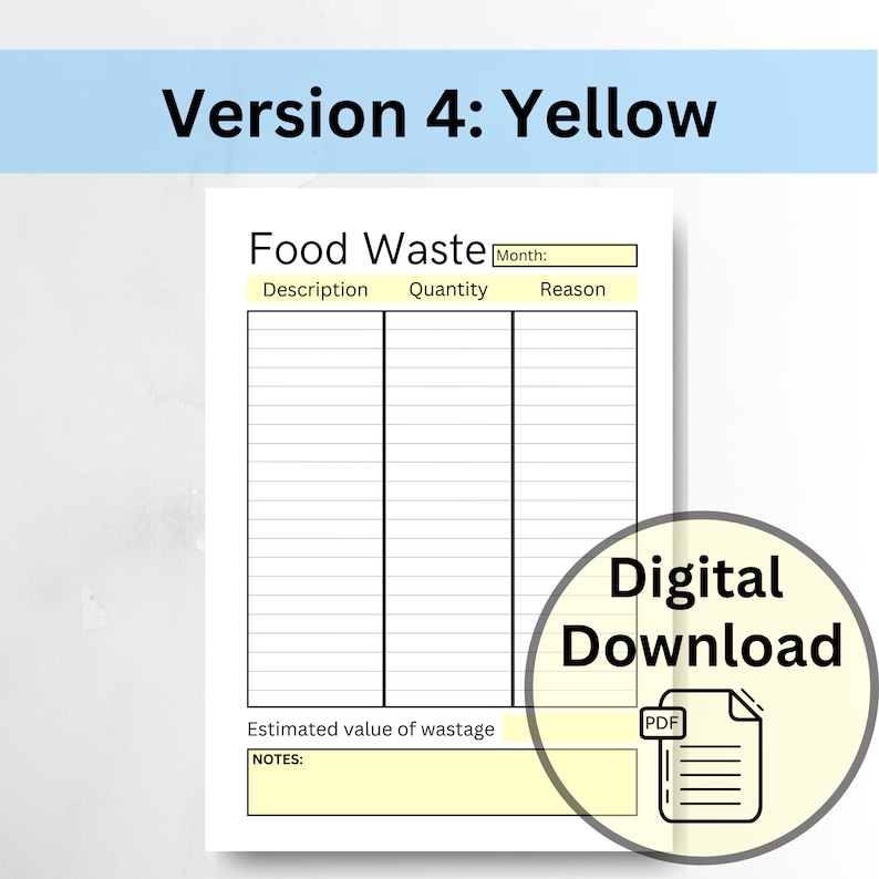 Food Waste Record Template, Save Money, Instant Download, 5 Colour ...