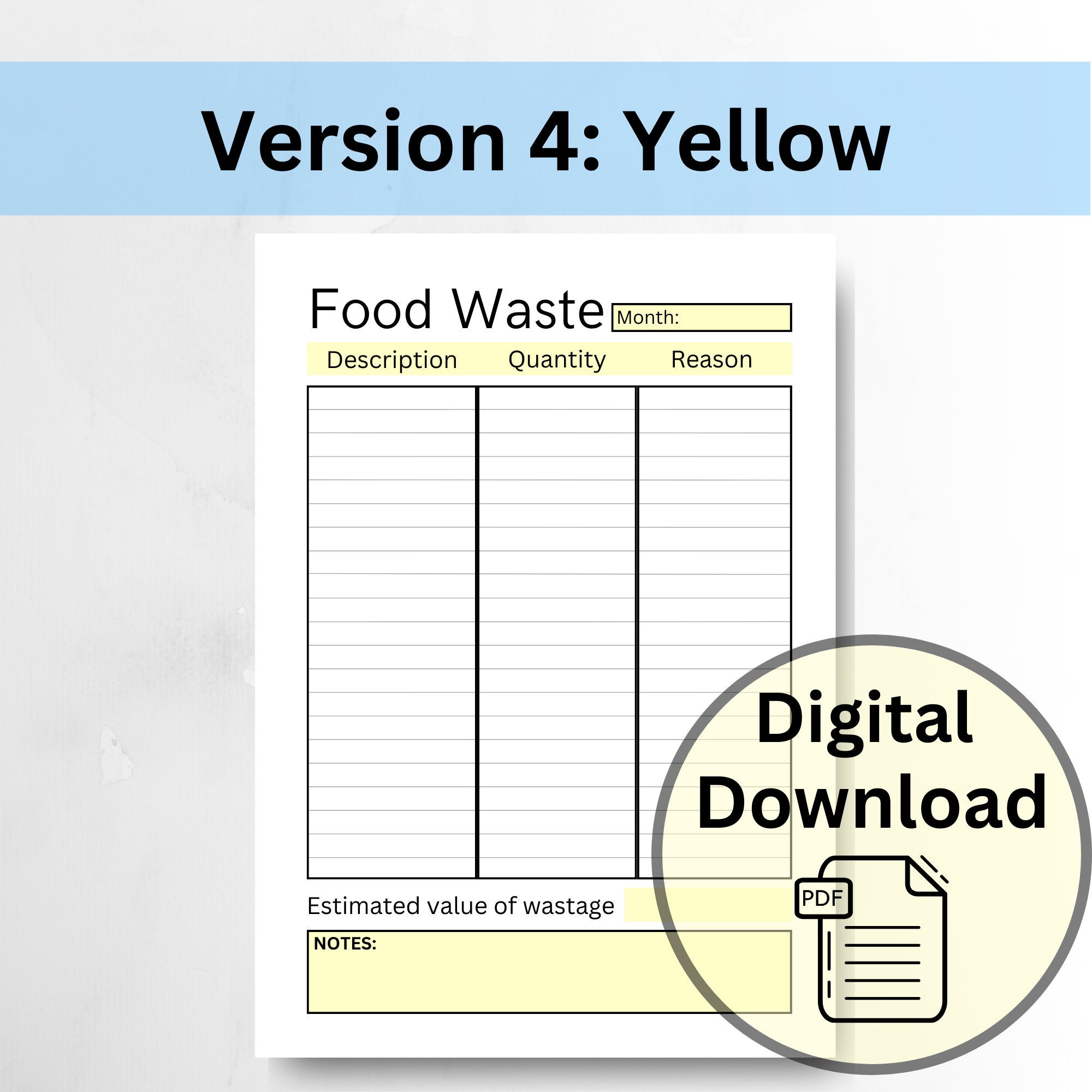 Food Waste Record Template, Save Money, Instant Download, 5 Colour ...