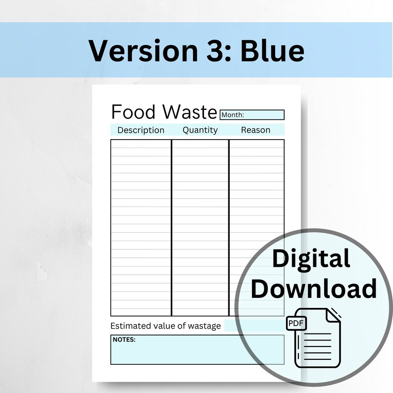 Food Waste Record Template, Save Money, Instant Download, 5 Colour ...