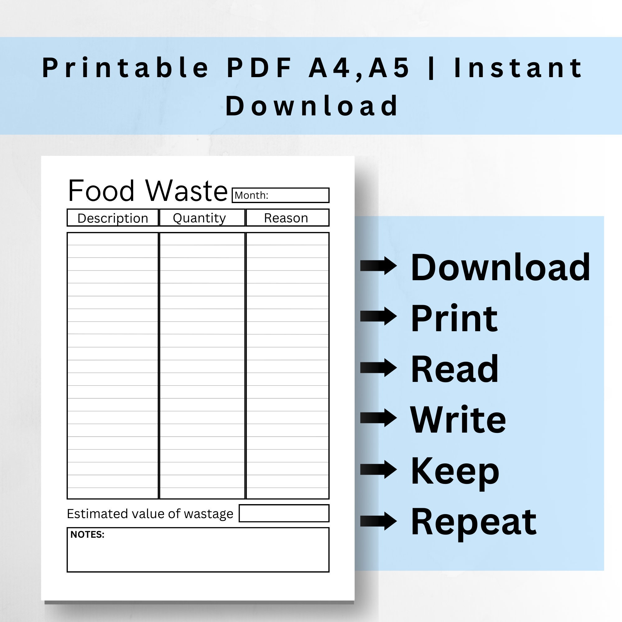 Food Waste Record Template, Save Money, Instant Download, 5 Colour ...