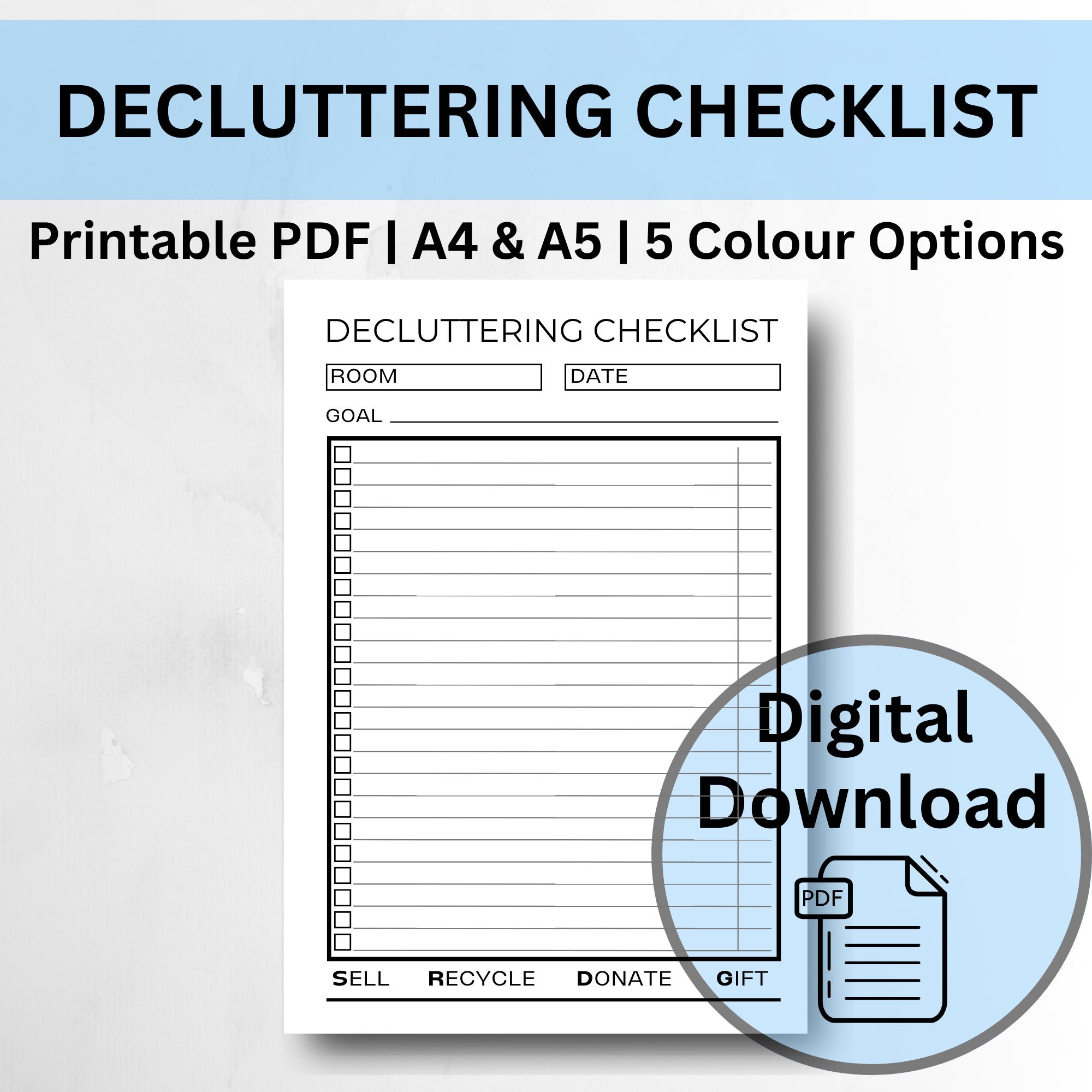 Decluttering Checklist, Template, Instant Download, 5 Colour Options ...