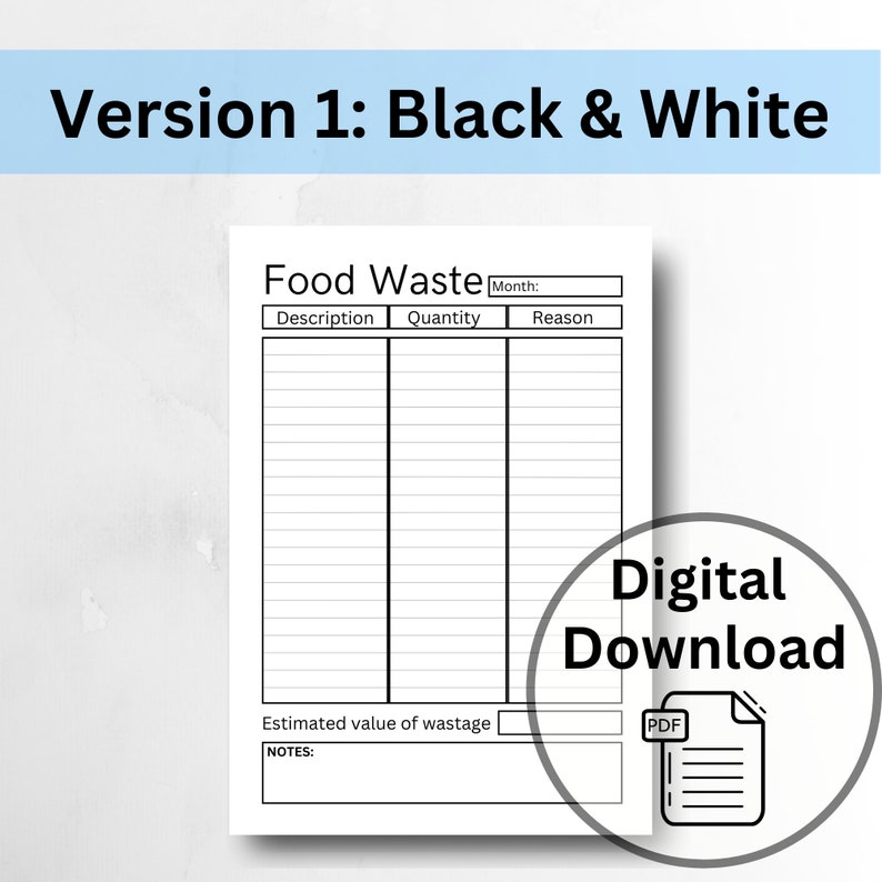 Food Waste Record Template, Save Money, Instant Download, 5 Colour ...