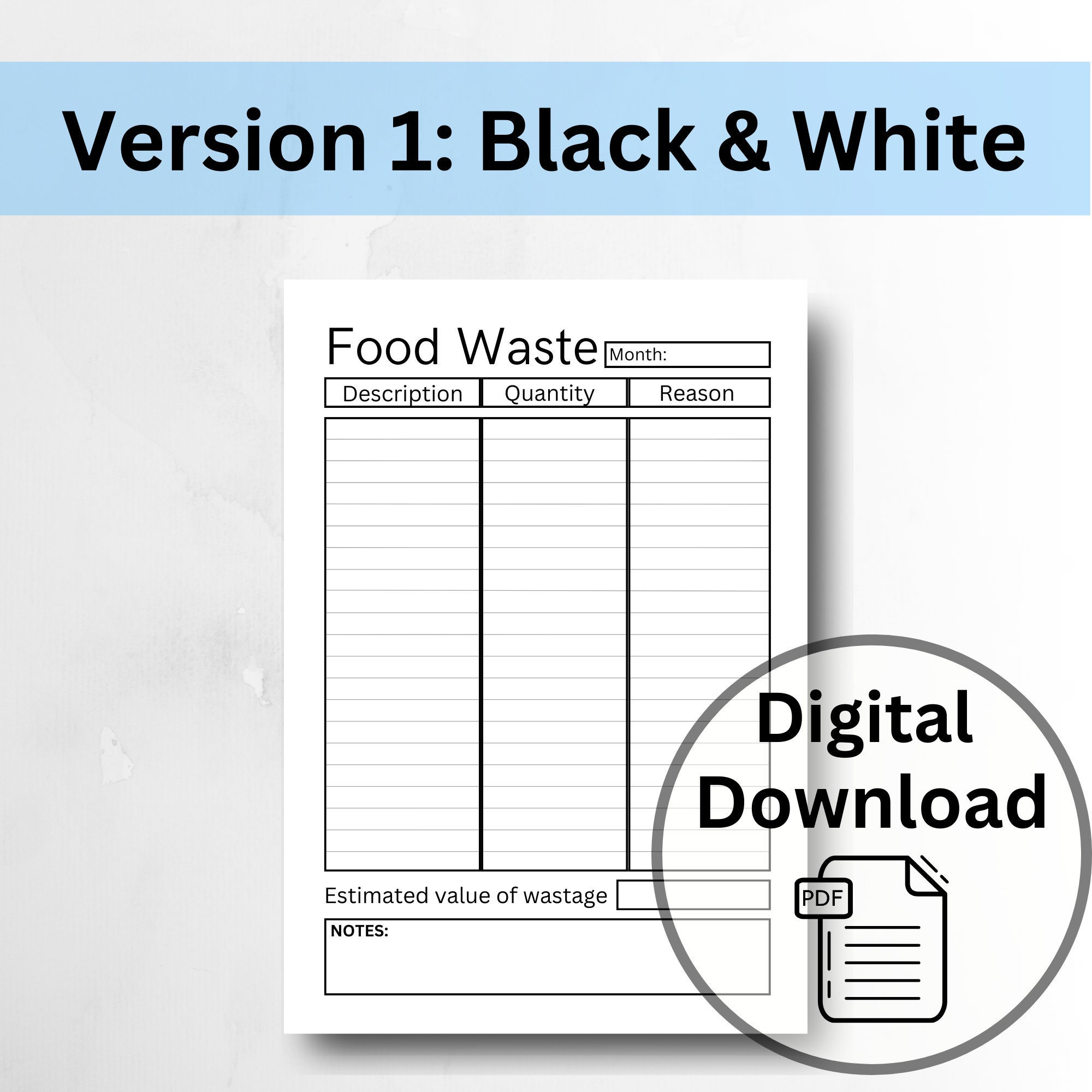 Food Waste Record Template, Save Money, Instant Download, 5 Colour ...