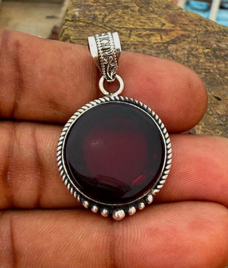 Handmade Round Garnet Drop Pendant: 925 Sterling Silver - Etsy
