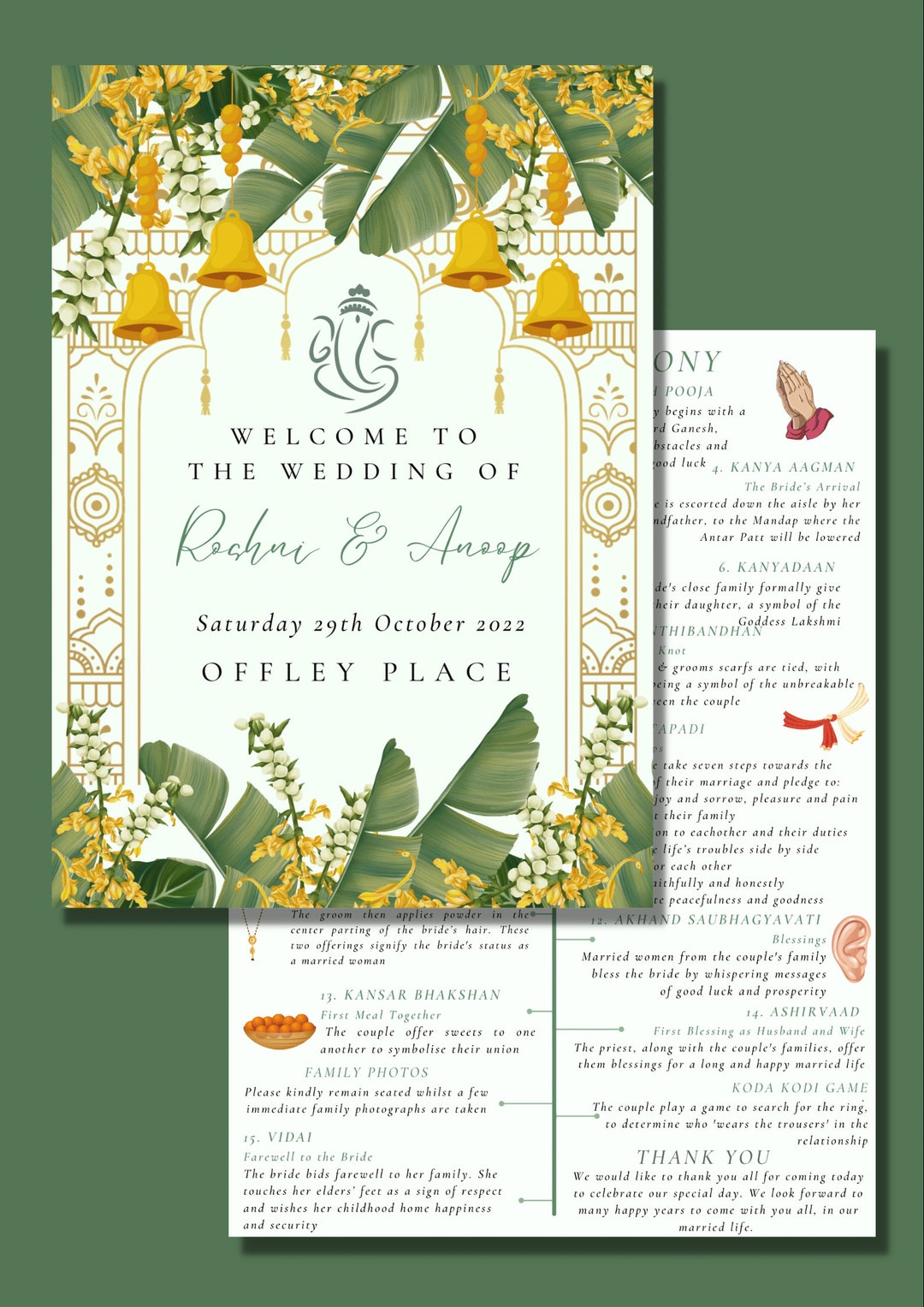 Foliage Green & Yellow Hindu Wedding Programme - Etsy