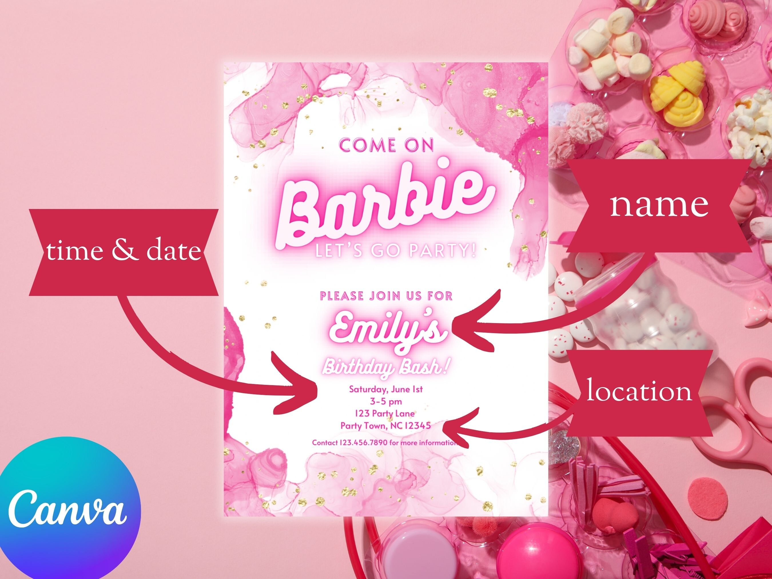 BARBIE Birthday Invitation Template - CANVA -lets Go Party - Pink ...