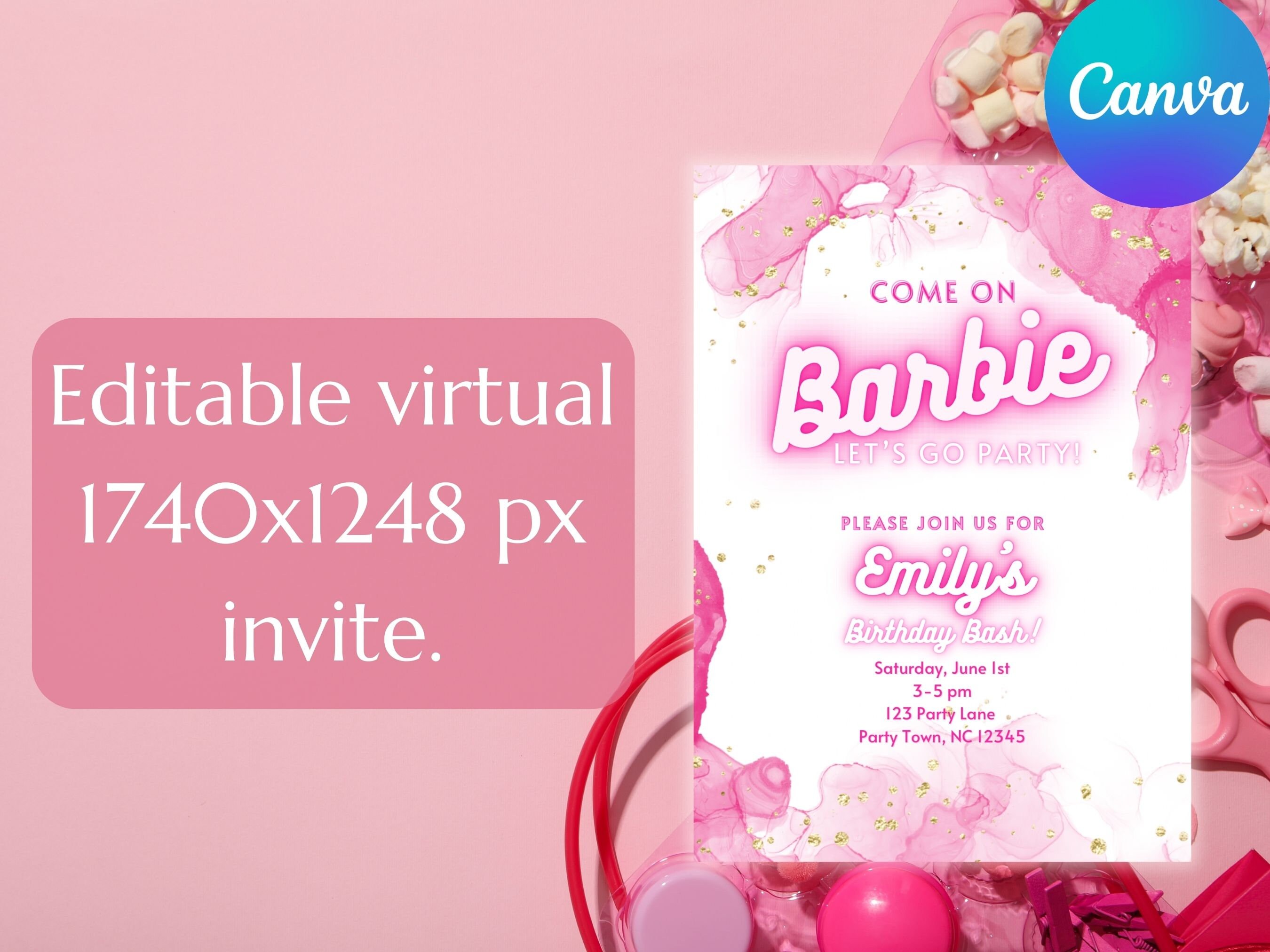 BARBIE Birthday Invitation Template - CANVA -lets Go Party - Pink ...