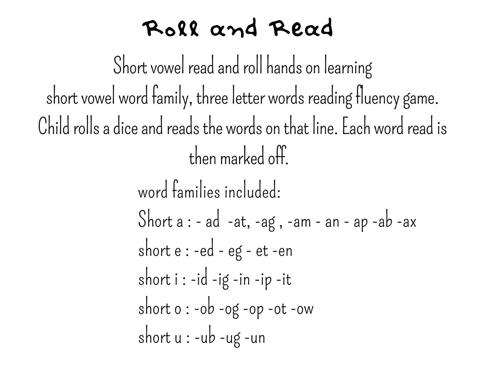 25 Printable Short Vowel Word Family Endings Roll and Read Worksheet ...