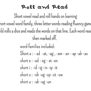 25 Printable Short Vowel Word Family Endings Roll and Read Worksheet ...