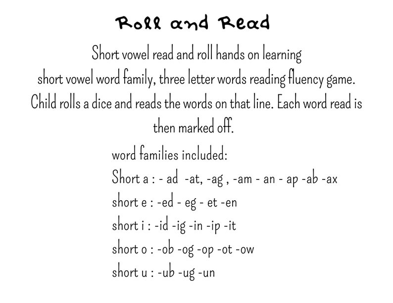 25 Printable Short Vowel Word Family Endings Roll and Read Worksheet ...