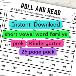 25 Printable Short Vowel Word Family Endings Roll and Read Worksheet ...